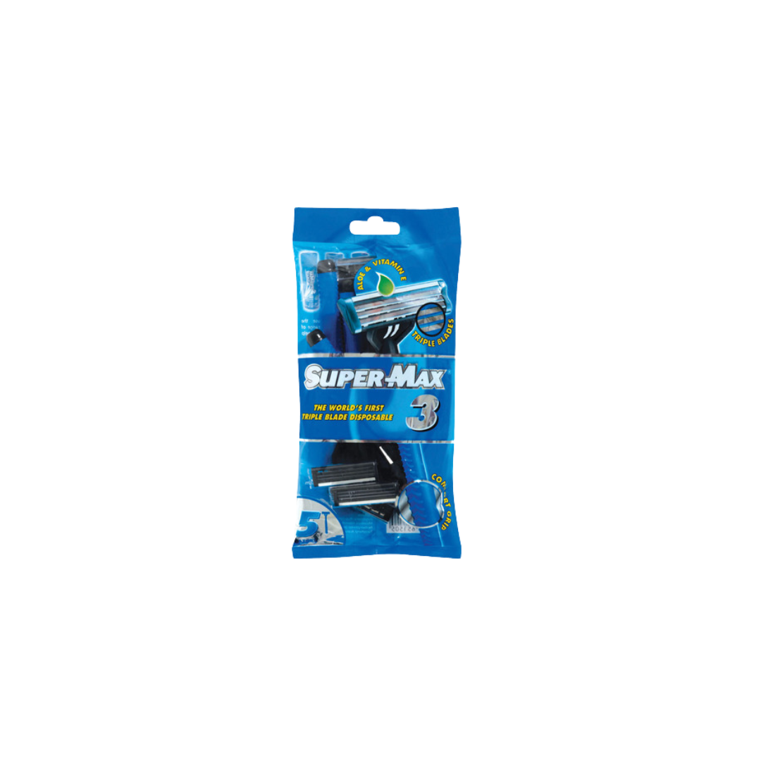 SUPER MAX TRIPLE BLADE DISPOSIBLE RAZOR WITH 5 PACK METAL HANDLE ...
